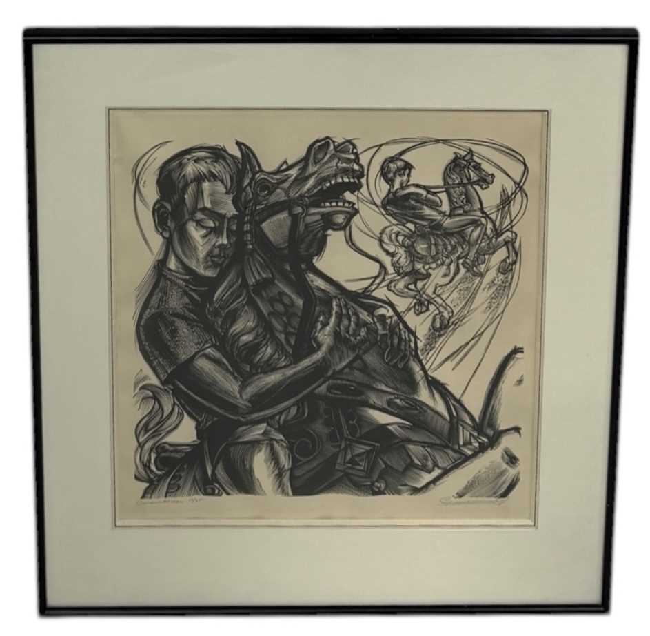 Lot 243 - A LINOCUT PAINTING DEPICTING A BOY RIDING A