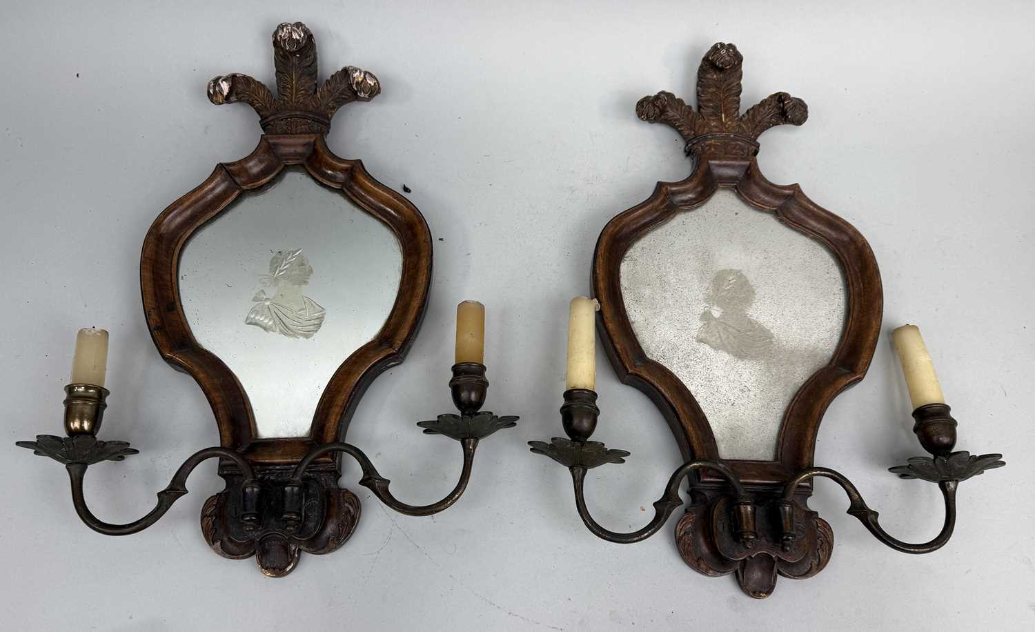 Lot 706 - A PAIR OF ANTIQUE MIRROR WALL SCONCES WITH