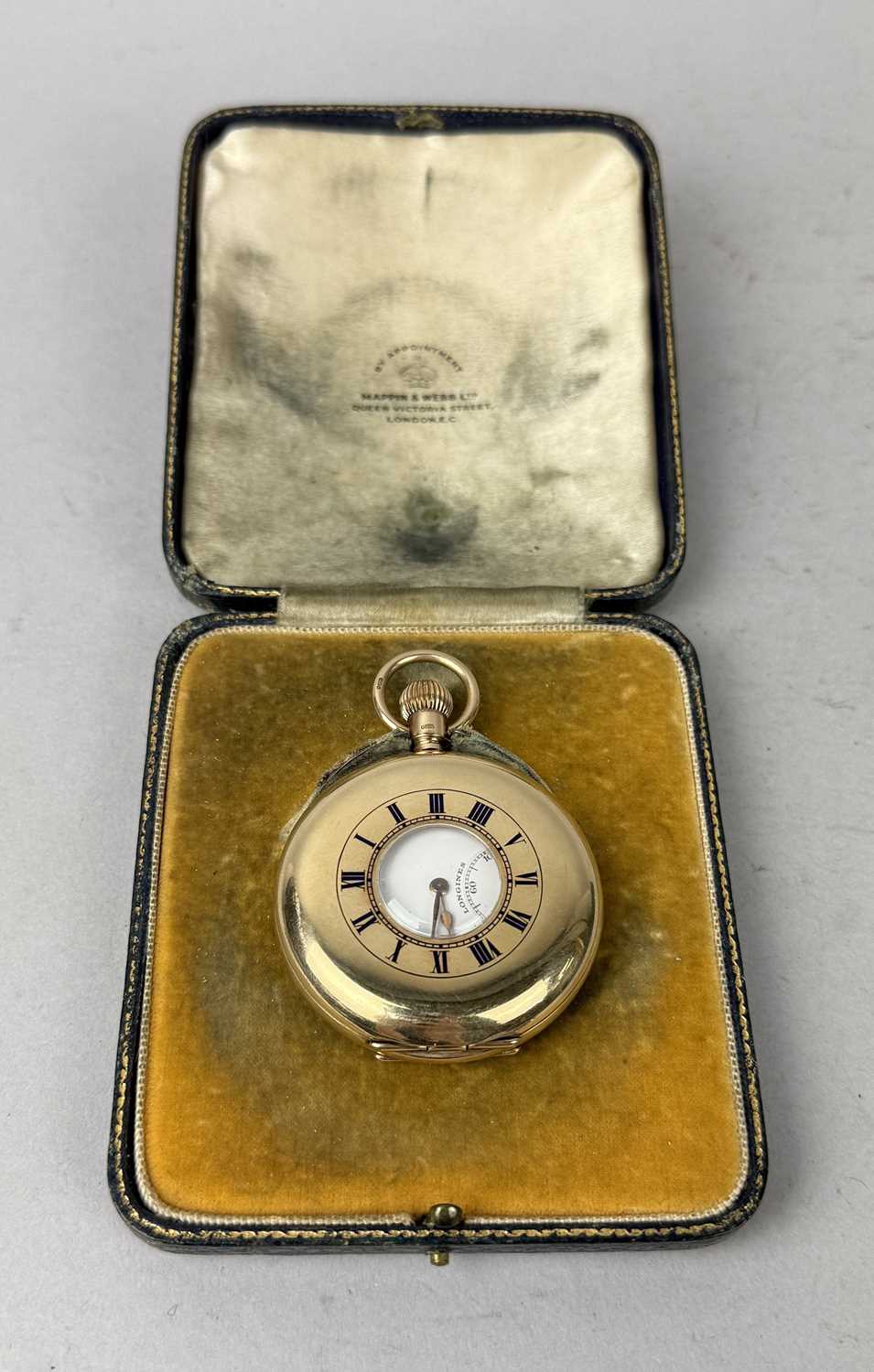 Lot 376 - A LONGINES HALF HUNTER 9CT GOLD POCKET WATCH,