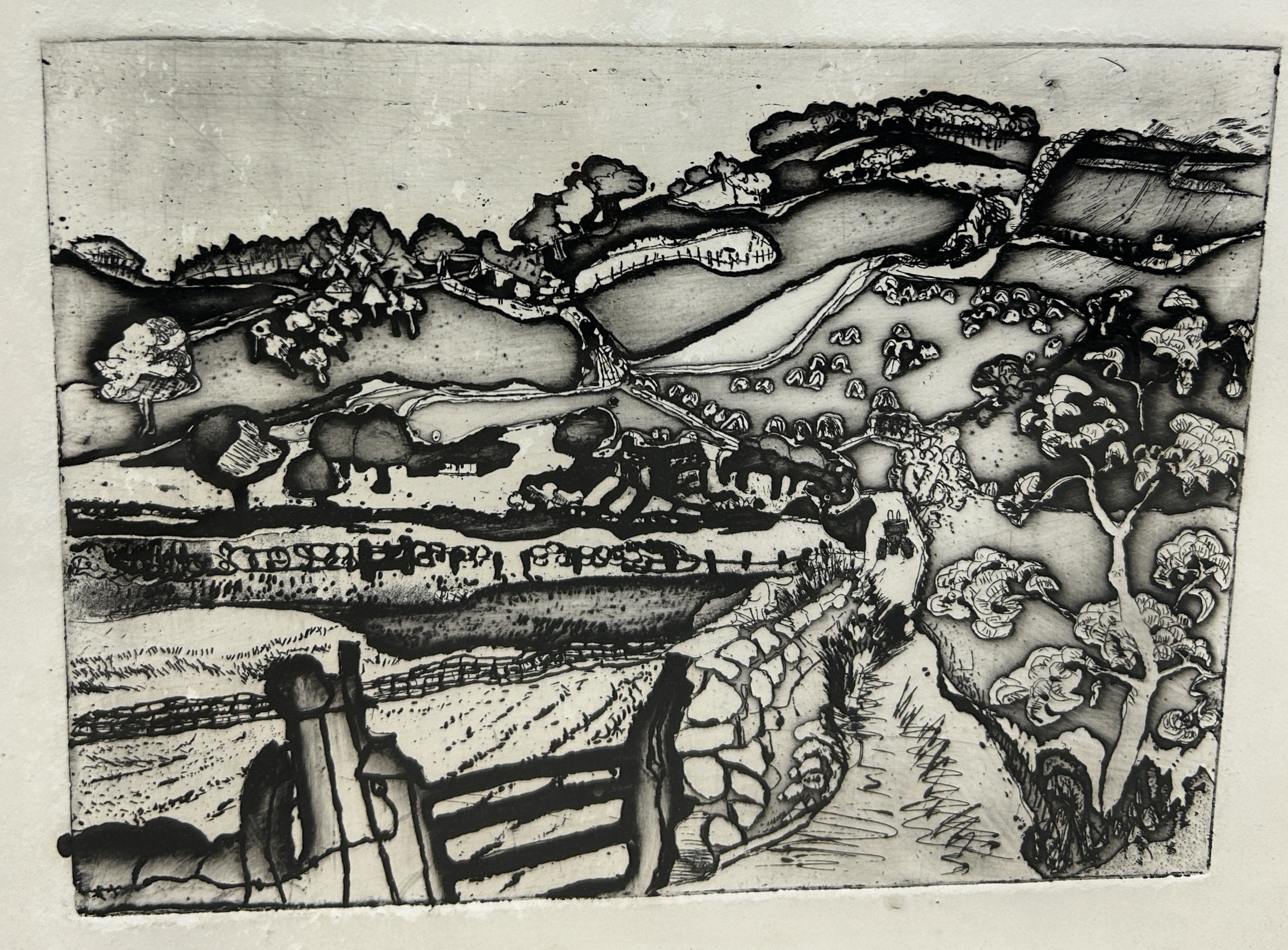 Lot 567 - A CONTEMPORARY ETCHING, LANDSCAPE SCENE